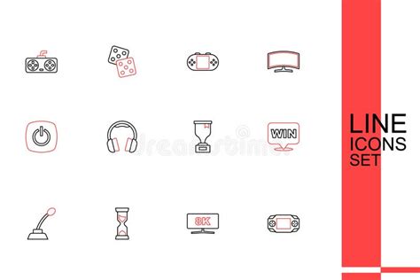 Set Line Portable Video Game Console Computer Monitor Old Hourglass Microphone Medal Award