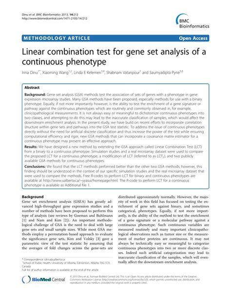 Pdf Linear Combination Test For Gene Set Analysis Of A Continuous