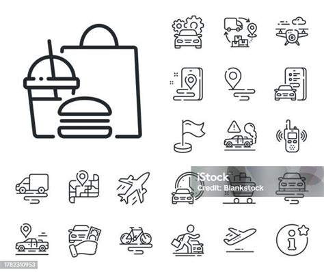 음식 배달 라인 아이콘입니다 기내식 주문 표시입니다 비행기 공급망 및 장소 위치 벡터 가방에 대한 스톡 벡터 아트 및 기타 이미지 Istock
