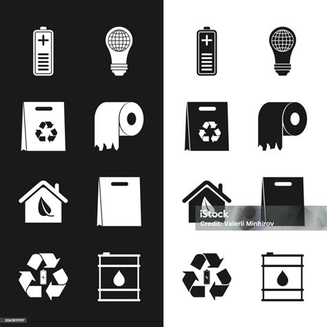 세트 화장지 롤 재활용 쇼핑백 배터리 충전 수준 표시기 전구 세계 지구본 친환경 주택 오일 배럴 및 아이콘 벡터 Friendly Match에 대한 스톡 벡터 아트 및 기타