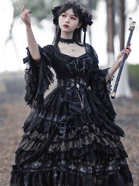 Gothic Lolita Op Dress Black Long Sleeve Polyester Tea Party Witch Lace