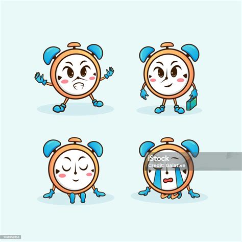 귀여운 사랑스러운 만화 행복한 슬픈 알람 시계 스티커 아이콘 마스코트와 로고 이모티콘에 대 한 그림 개념에 대한 스톡 벡터 아트
