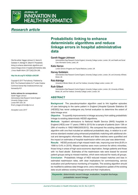 PDF Probabilistic Linkage To Enhance Deterministic Algorithms And
