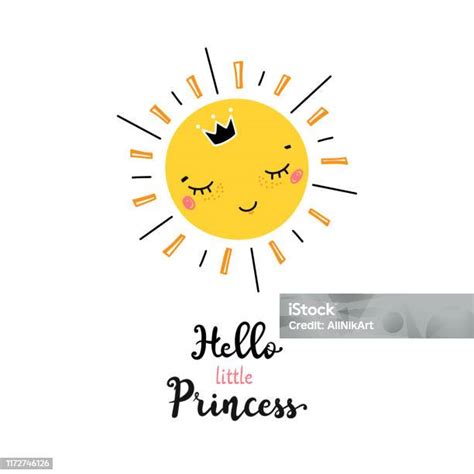 귀여운 미소 태양과 레터링 따옴표 안녕하세요 작은 공주와 함께 아이들을위한 인쇄 디자인 만화 낙서 재미 태양 얼굴 벡터 일러스트 레이션 스칸디나비아 프린트 또는 포스터