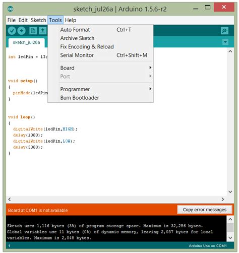 Unable To Load Program To Arduino Uno Board At COM1 Is Not Available