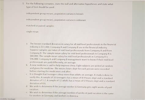 Solved 1 For The Following Scenarios State The Null And Chegg Com