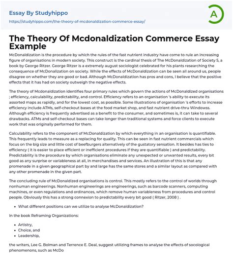 The Theory Of Mcdonaldization Commerce Essay Example