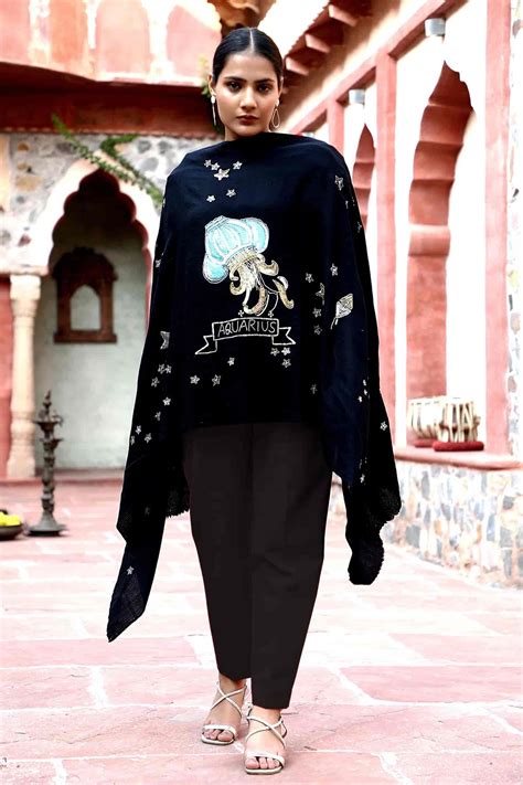 Buy Black Embroidered Aquarius Cashmere Sequin Pipe Stole By Dusala