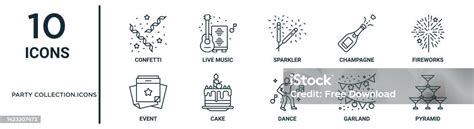 파티 Collectionicons 개요 아이콘 세트는 얇은 선 색종이 스파클러 불꽃 놀이 케이크 화환 피라미드 보고서 프리젠