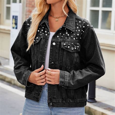 Uublik Jean Jacket Women Black Vintage Denim Jacket Embroidered Pearls