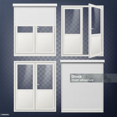 플라스틱 도어 벡터입니다 현대 흰색 롤러 셔터입니다 열리고 닫히는 에너지 절약입니다 코너 문입니다 Pvc 프로 파일입니다 투명 한 배경 그림에 절연 가정의 방에 대한 스톡