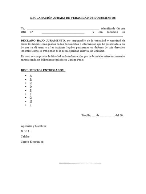 Declaración Jurada De Veracidad De Documentos Pdf