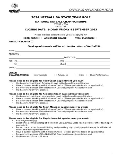Officials Application Netball Sa Doc Template Pdffiller