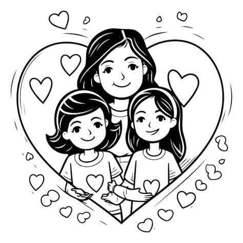 Madre E Hijas En Forma De Corazón Ilustración Vectorial Para Libro De