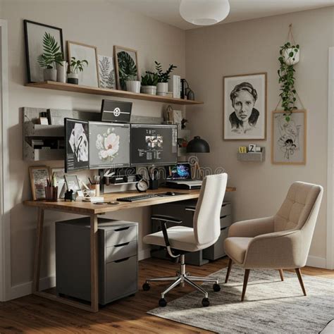 A Modern Home Office Setup Features A Wooden Desk With Multiple