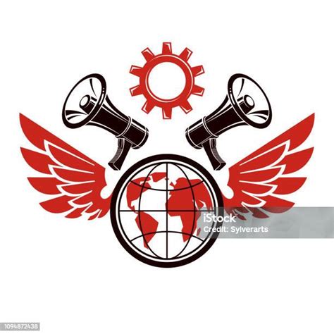 간단한 벡터 상징 지구 행성 그림을 사용 하 여 만든 날개 산업 장비와 스피커 장비 구성 글로벌 관념론을 부과 하는 방법으로