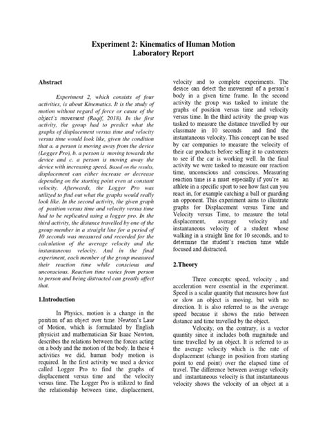 Experiment 2 Kinematics Of Human Motion Pdf Velocity Acceleration