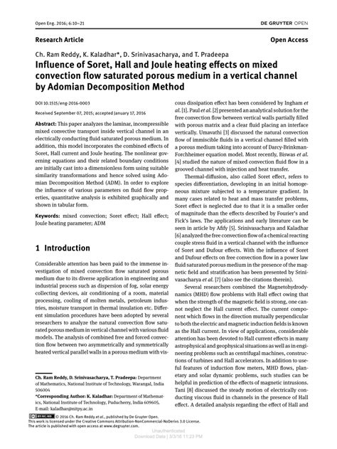 Pdf Influence Of Soret Hall And Joule Heating Effects On Mixed Convection Flow Saturated
