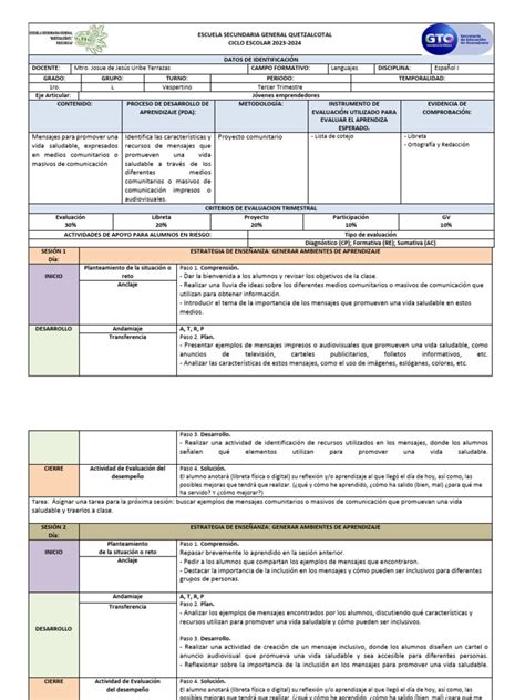 Planeación Jóvenes Emprendedores Pdf Evaluación Aprendizaje