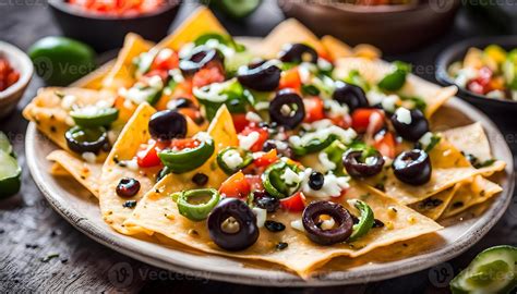 Homemade Basic Mexican Nachos With Cheese Jalapeno And Olives 56710261
