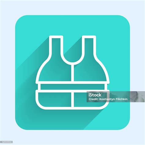 긴 그림자로 격리 된 화이트 라인 구명 재킷 아이콘 구명 조끼 아이콘 익스트림 스포츠 스포츠 장비 녹색 정사각형 버튼입니다 벡터 3차원 형태에 대한 스톡 벡터 아트 및 기타