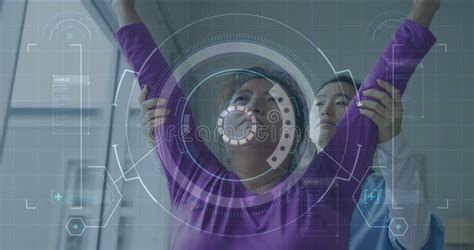 Image Of Scope Scanning And Data Processing Over Asian Woman Exercising With Nurse Stock