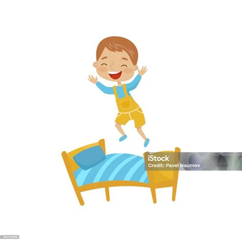 리틀 보가 깡패 쾌활 한 아이 나쁜 아이 동작 벡터 그림 흰색 배경에 침대에 점프 귀여운에 대한 스톡 벡터 아트 및 기타 이미지 귀여운 남성 놀기 Istock