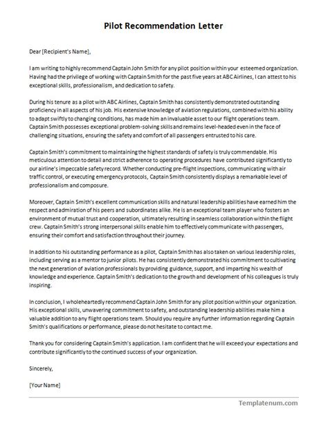 Pilot Recommendation Letter Template With Sample Pilot Letter Of