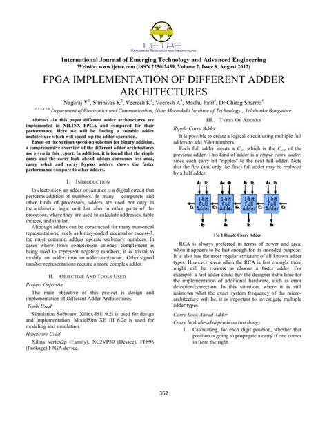 Pdf Fpga Implementation Of Different Adder Architectures Dokumentips