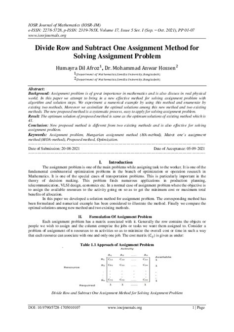 Pdf Divide Row And Subtract One Assignment Method For Solving