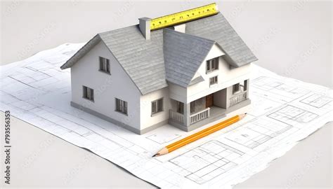 stylized house model with floor plan ruler and pencil isolated on