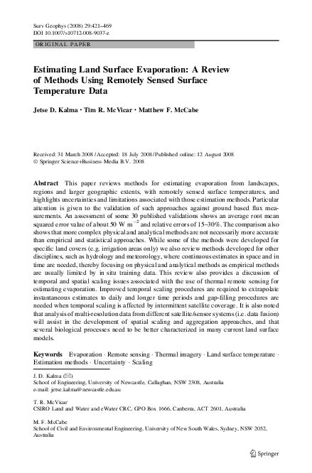 Pdf Estimating Land Surface Evaporation A Review Of Methods Using
