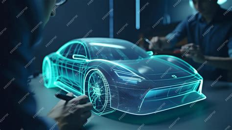 Premium Ai Image Engineers Working On Automobile Design Are Using A Holographic Tablet App