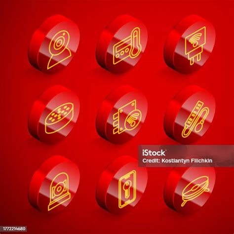 라인 설정 웹 카메라 온도 조절기 스마트 전기 플러그 수분 센서 디지털 도어록 전기 연장 코드 울리는 알람 벨 및 키 아이콘 벡터 0명에 대한 스톡 벡터 아트 및 기타