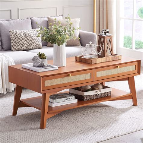 Okd 48 Coffee Table With Natural Rattan Drawers Mid