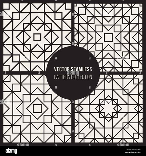 Set Of Four Vector Seamless Black And White Geometric Line Grid Triangle Rhombus Block Pattern