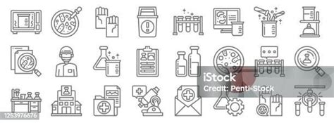 실험실 및 과학 라인 아이콘 선형 집합입니다 생물 공학 현미경 책상 테스트 튜브 테스트 튜브 연소 테스트 튜브 파이펫 과 같은 품질 벡터 라인 세트 과학에 대한 스톡 벡터