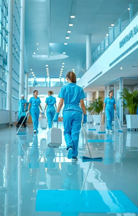 A Group Of Nurses Walking Down A Hospital Hallway With Luggage Stock Image Image Of Ceiling