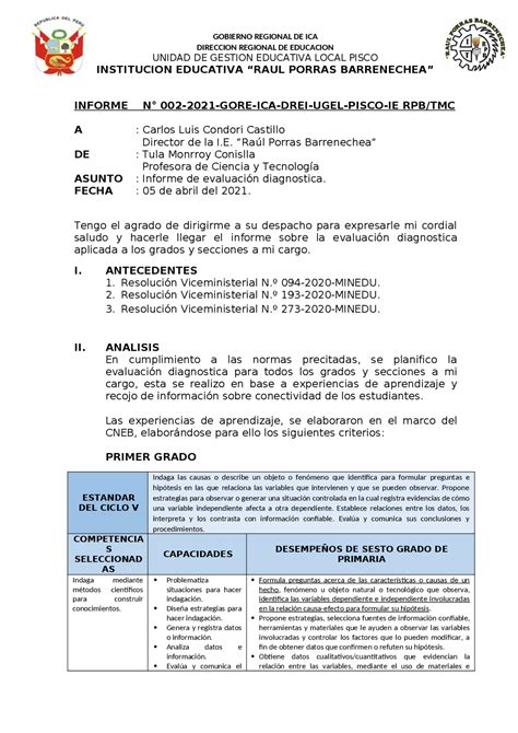 Informe De Evaluacion Diagnostica Docsity