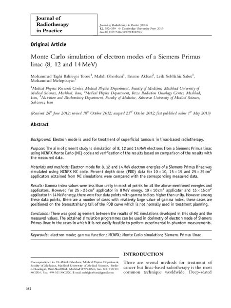 Pdf Monte Carlo Simulation Of Electron Modes Of A Siemens Primus Linac 8 12 And 14 Mev