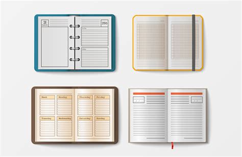 오픈 현실적인 노트북 페이지 일기 사무실 시트 템플릿 책자와 빈 종이 교육 카피북 주최자 벡터 일러스트 레이 션의 설정 가리기에 대한 스톡 벡터 아트 및 기타 이미지