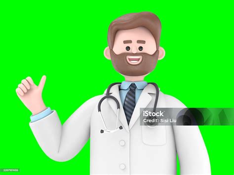 남성 닥터 아이버슨의 3d 일러스트레이션은 엄지 손가락을 보여줍니다 그린 스크린 Mockup3d 푸티지 및 클리핑 패스를 그린 스크린에서 렌더링합니다 3차원 형태에 대한
