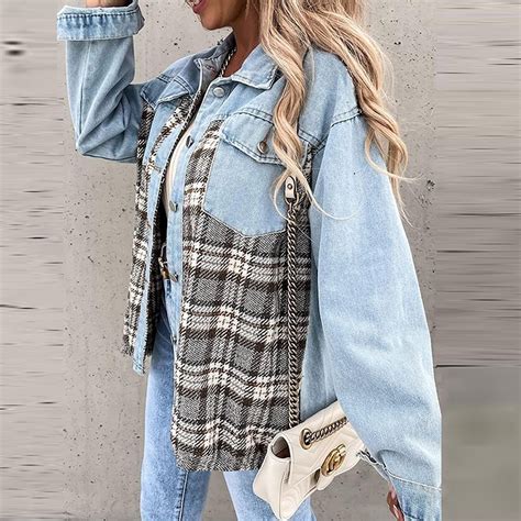 Дамски модни карирани дънкови якета с шевове Есен Зима Копчета с дълги ръкави Елегантни жилетки