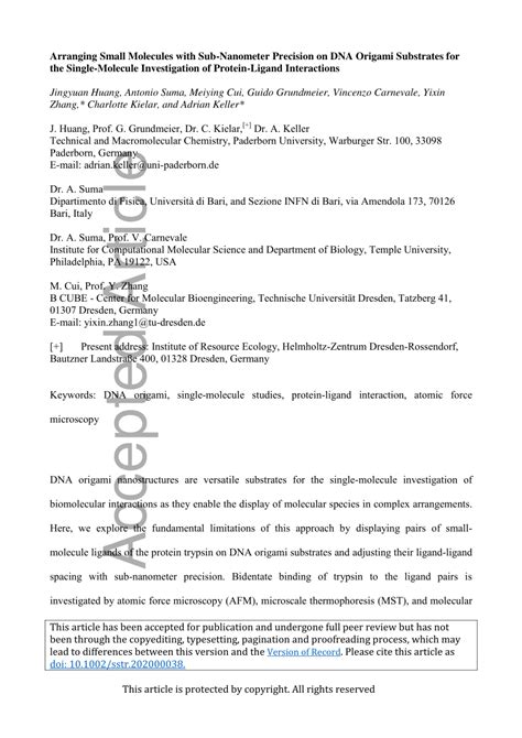 Pdf Arranging Small Molecules With Sub‐nanometer Precision On Dna Origami Substrates For The