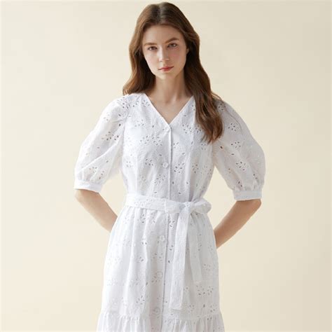 포스티 코튼 아일렛 자수 원피스 그린라벤더네이비화이트