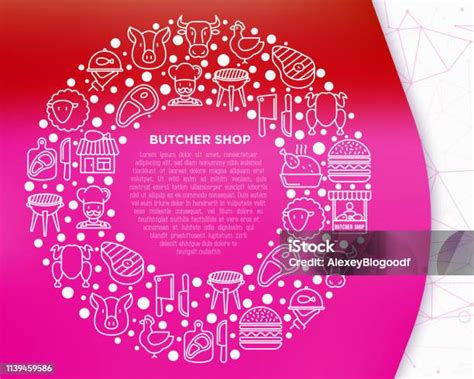 정육점이 얇은 라인 아이콘 동그라미에서 개념 고기 스테이크 쇠고기 돼지고기 양고기 바베 큐 치킨 버거 절단 보드 고기 칼 현대