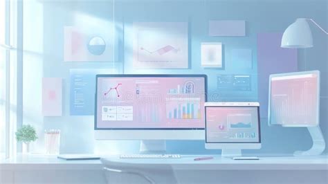modern workspace with digital screens displaying data analytics and