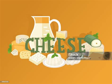 치즈 가게 타이포그래피 벡터 일러스트레이션입니다 치즈 신선한 우유 주전자 맛있는 천연 유제품의 다른 종류의 구색 유기농 식품 점