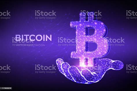 비트 코인 낮은 폴리 추상 메쉬 라인과 손에 포인트 비트 코인 기호 암호화 통화 가상 전자 인터넷 돈 지불 기호입니다 암호 화폐 개념 3d 다각형 벡터 그림 0명에 대한