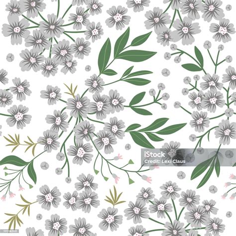 작은 흰색 꽃과 벡터 꽃 원활한 배경입니다 쑥 나뭇잎 가지와 평면 트렌디 한 그림입니다 삼림 숲 식물과 패턴을 반복 0명에 대한 스톡 벡터 아트 및 기타 이미지 Istock